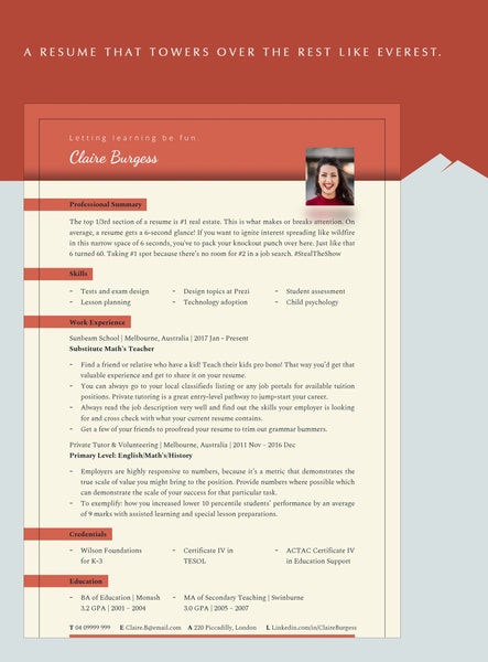 Modern Teacher Resume Template For Word, Docs, Pages | Claire Burgess ...